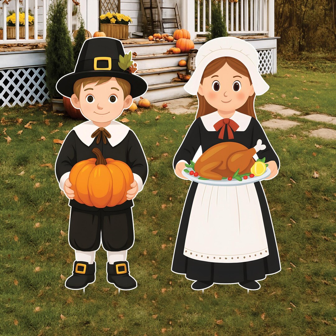 Thanksgiving Pilgrim Yard Signs, Boy and Girl With Pumpkin and Turkey ...
