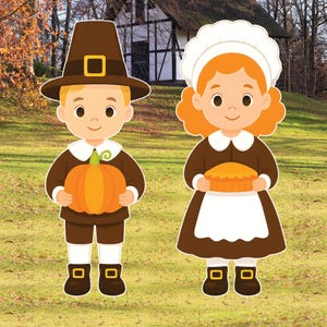 Thanksgiving Pilgrim Yard Signs With Metal Stakes, Harvest Boy and Girl ...