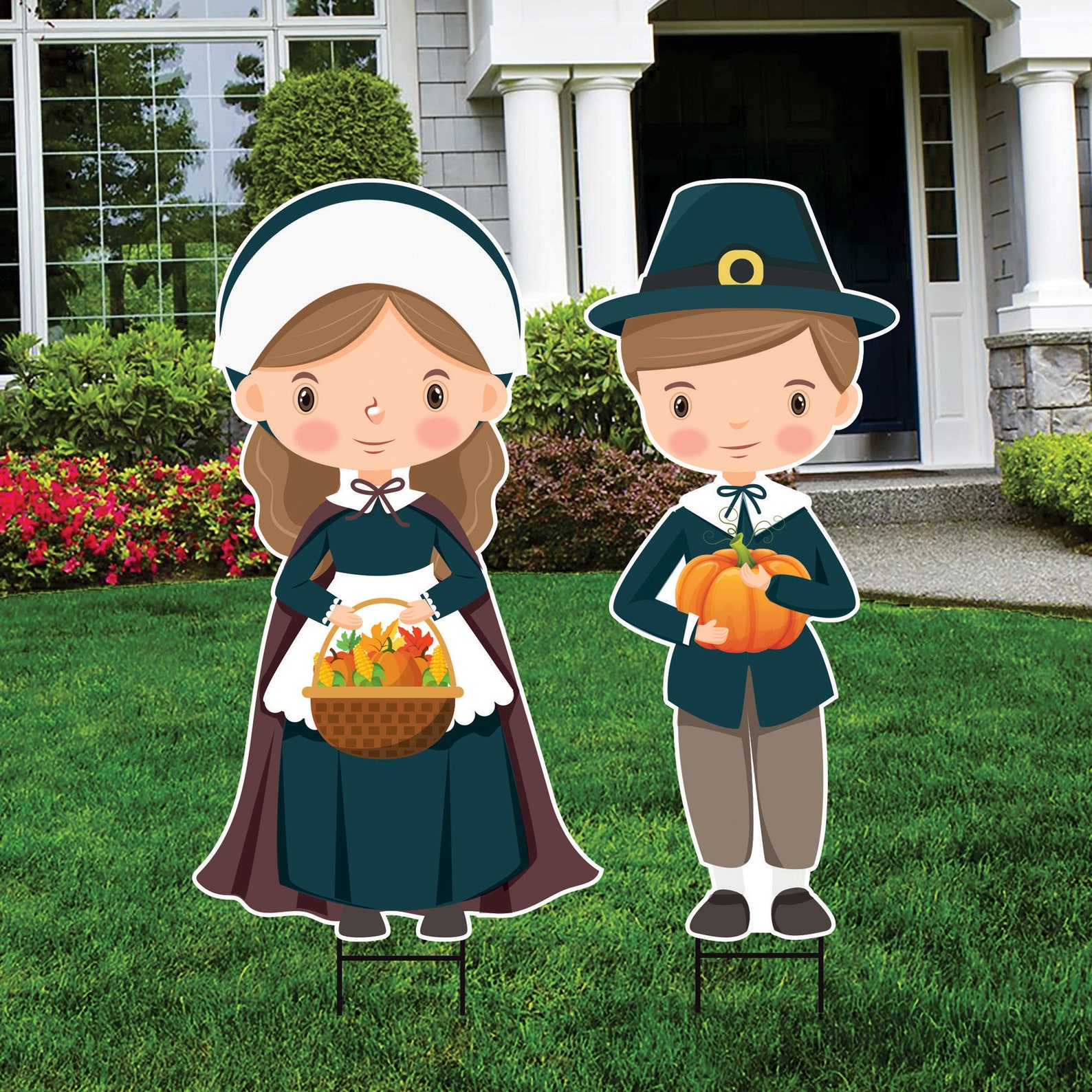 Happy Thanksgiving Pilgrims Boy Girl Yard Sign Cutouts, Pilgrim, Autumn ...