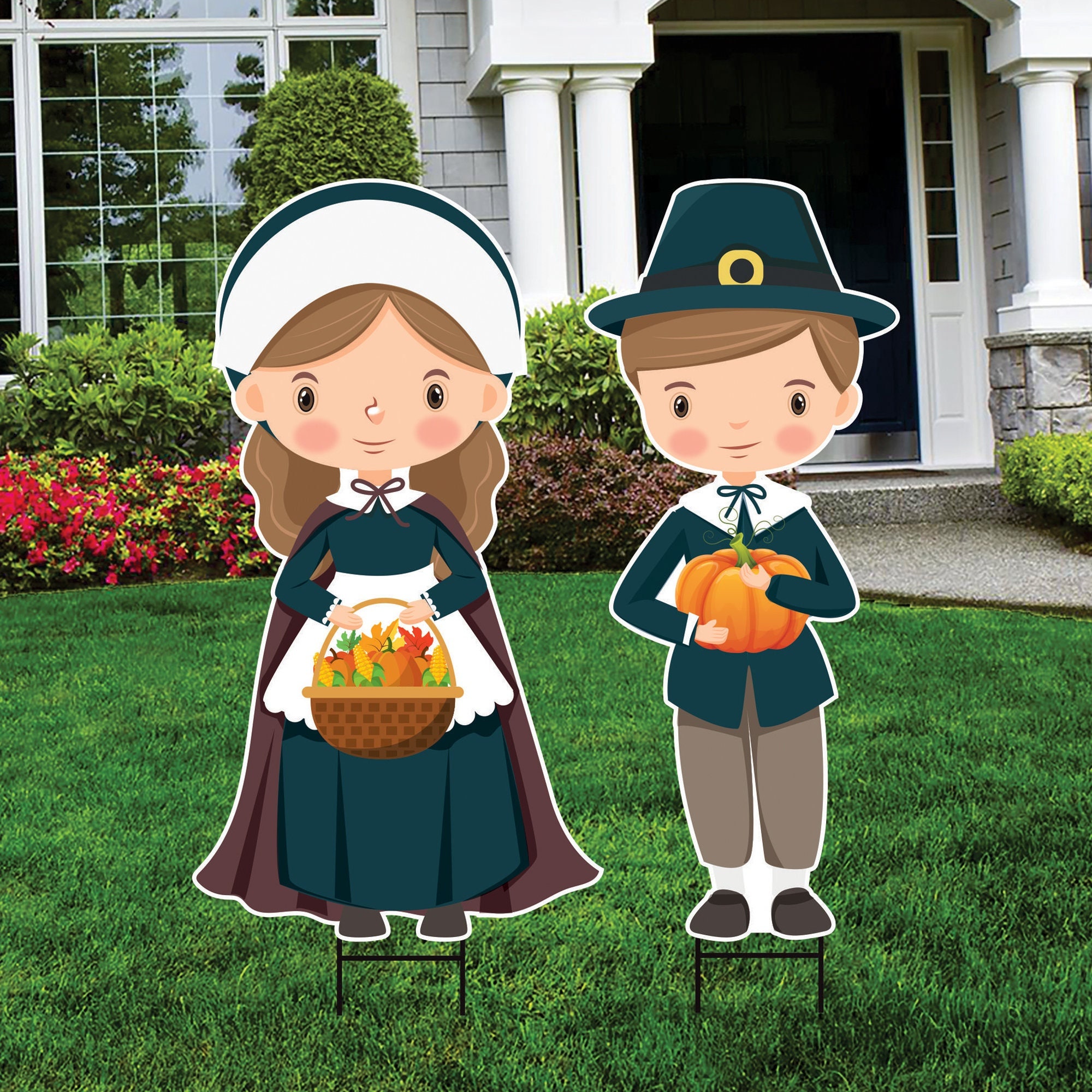 Happy Thanksgiving Pilgrims Boy Girl Yard Sign Cutouts, Pilgrim, Autumn ...