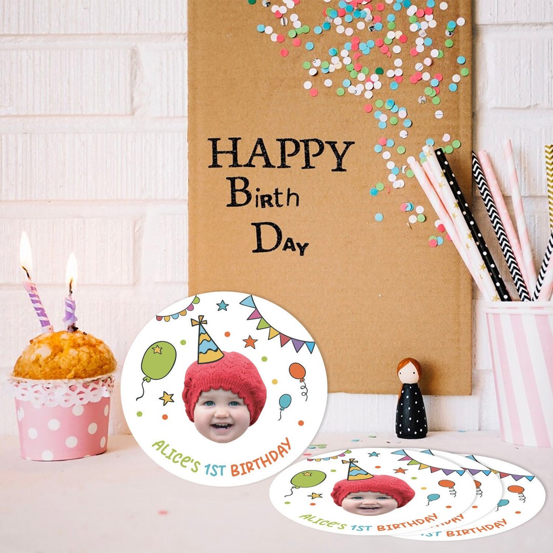Custom Kids Birthday Photo Stickers With Personalized Text, Round ...