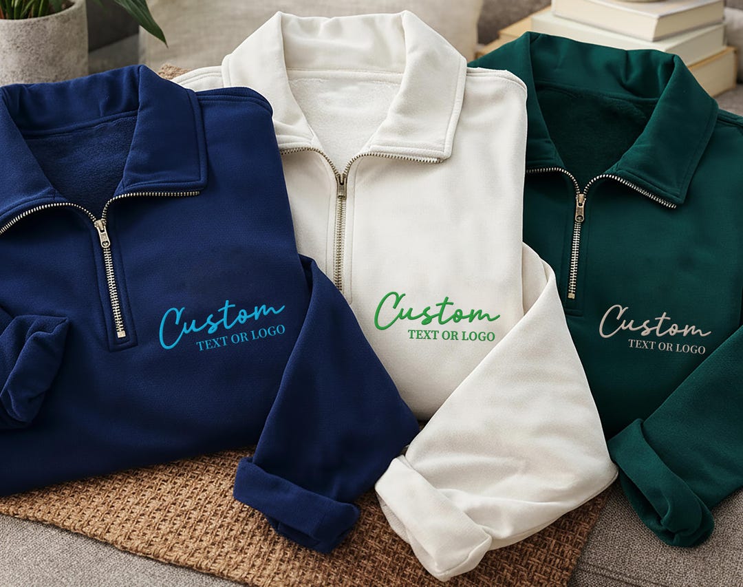 Custom Logo Embroidered Quarter Zip Sweatshirt, Personalized Text ...