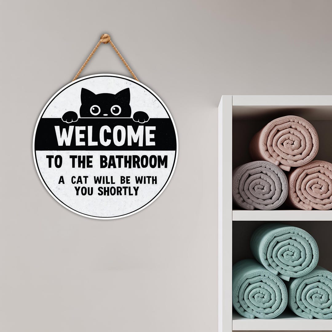Funny Bathroom Decor Sign 12", Welcome to the Bathroom, A Cat Will Be ...