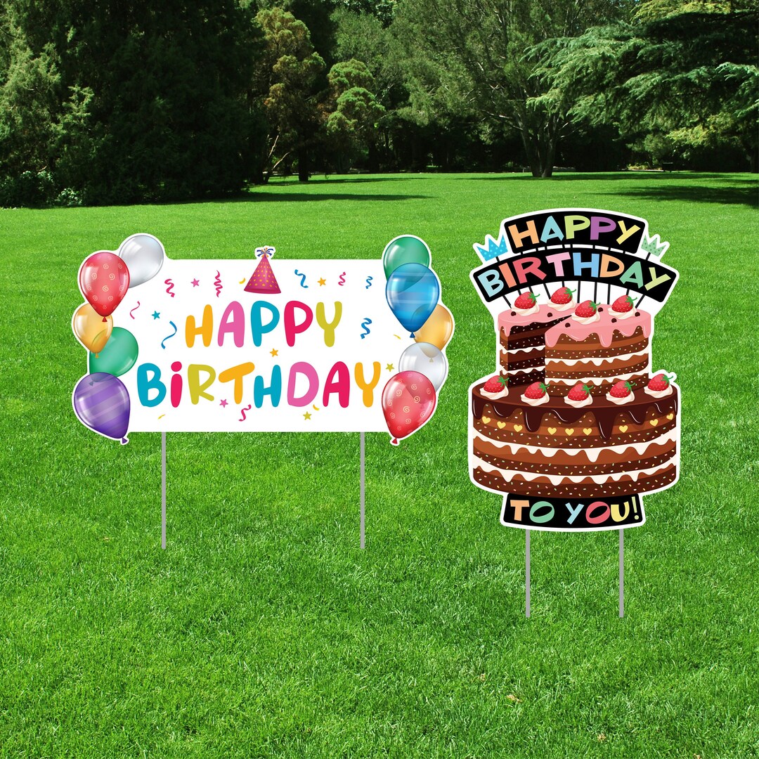 Happy Birthday Cake Yard Sign Coroplast Birthday Balloons Outdoor Home ...