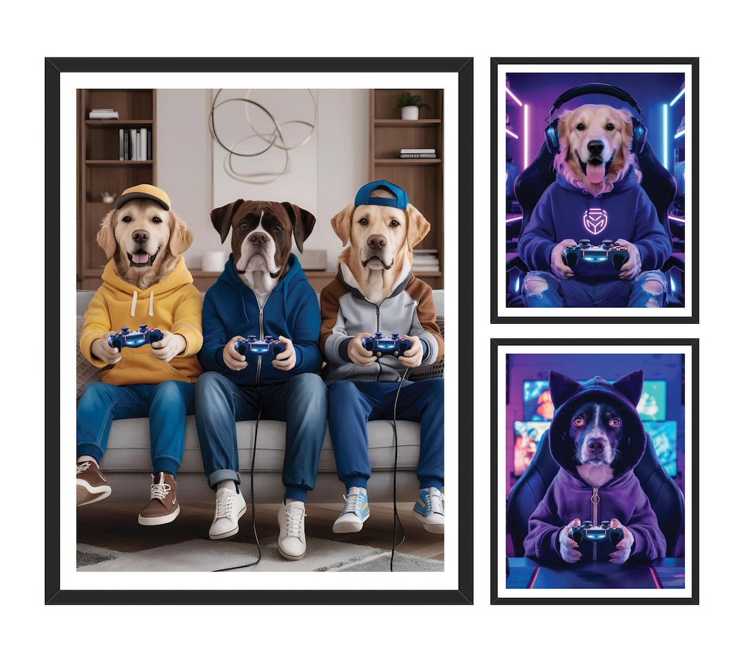 Custom Gamer Pet Portrait, Personalized Dog or Cat Painting, Gaming ...