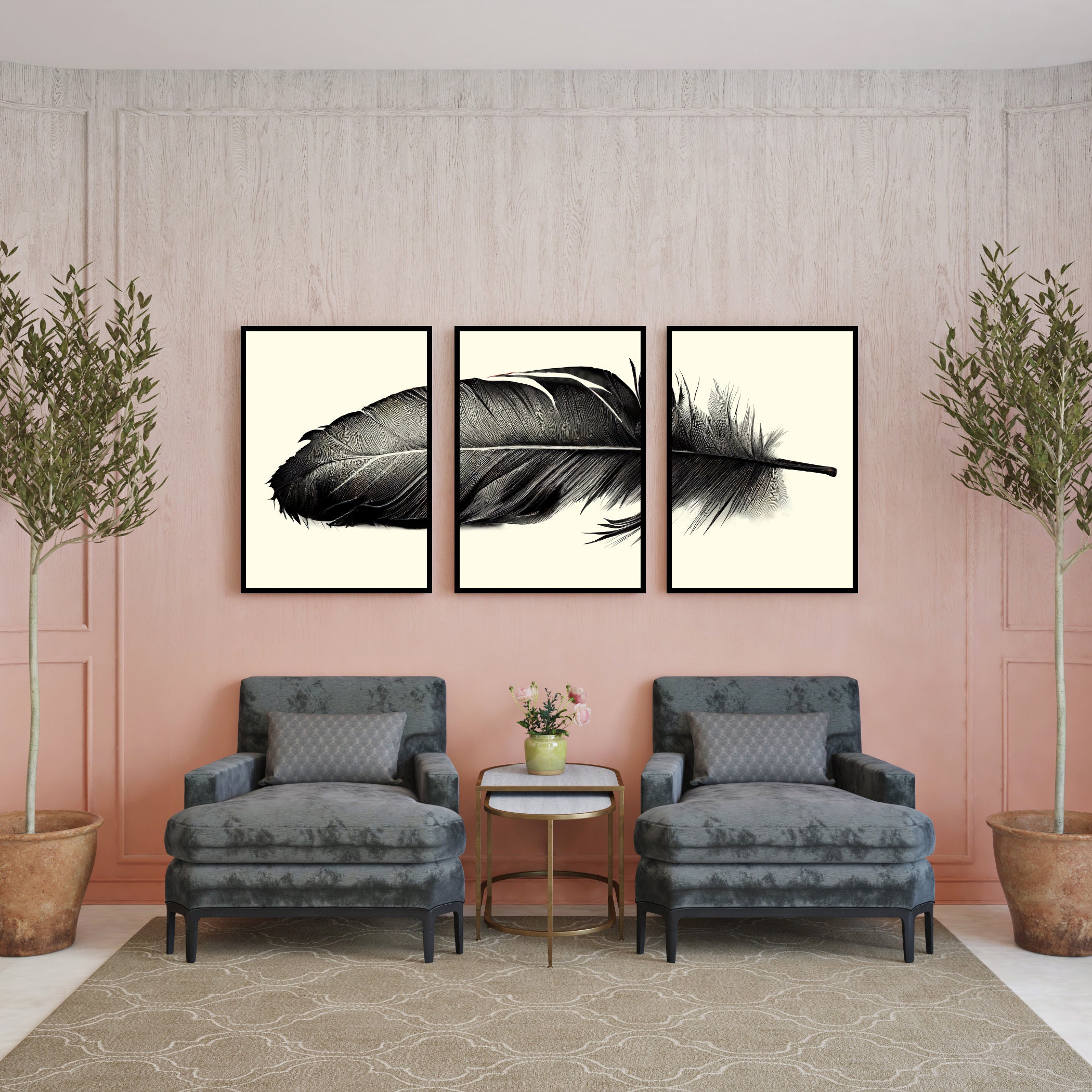 Feather Wall Art Set of 3, Framed Canvas Wall Art, Bird Feather Wall ...