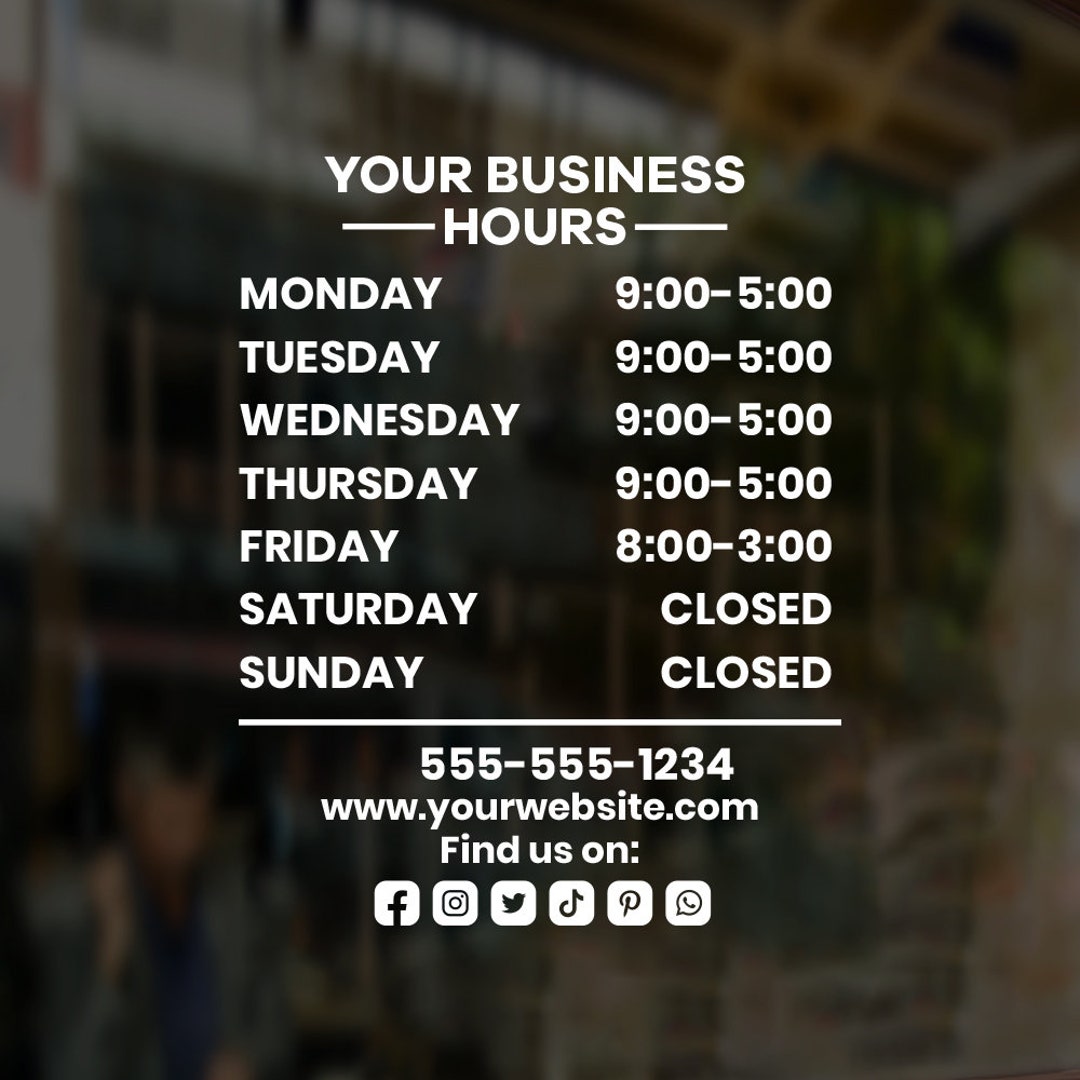 Store Hours Decal, Business Hours Clear Cling Vinyl Sticker, Custom ...