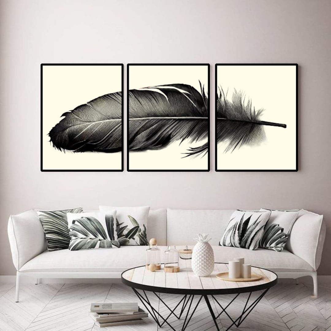 Feather Wall Art Set of 3, Framed Canvas Wall Art, Bird Feather Wall ...