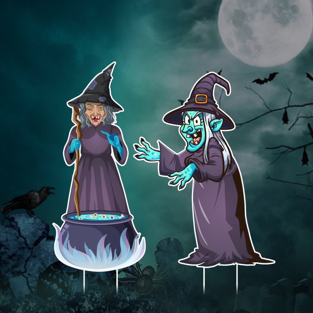 Halloween Yard Sign Cutouts, Scary Witches With Cauldron Halloween ...