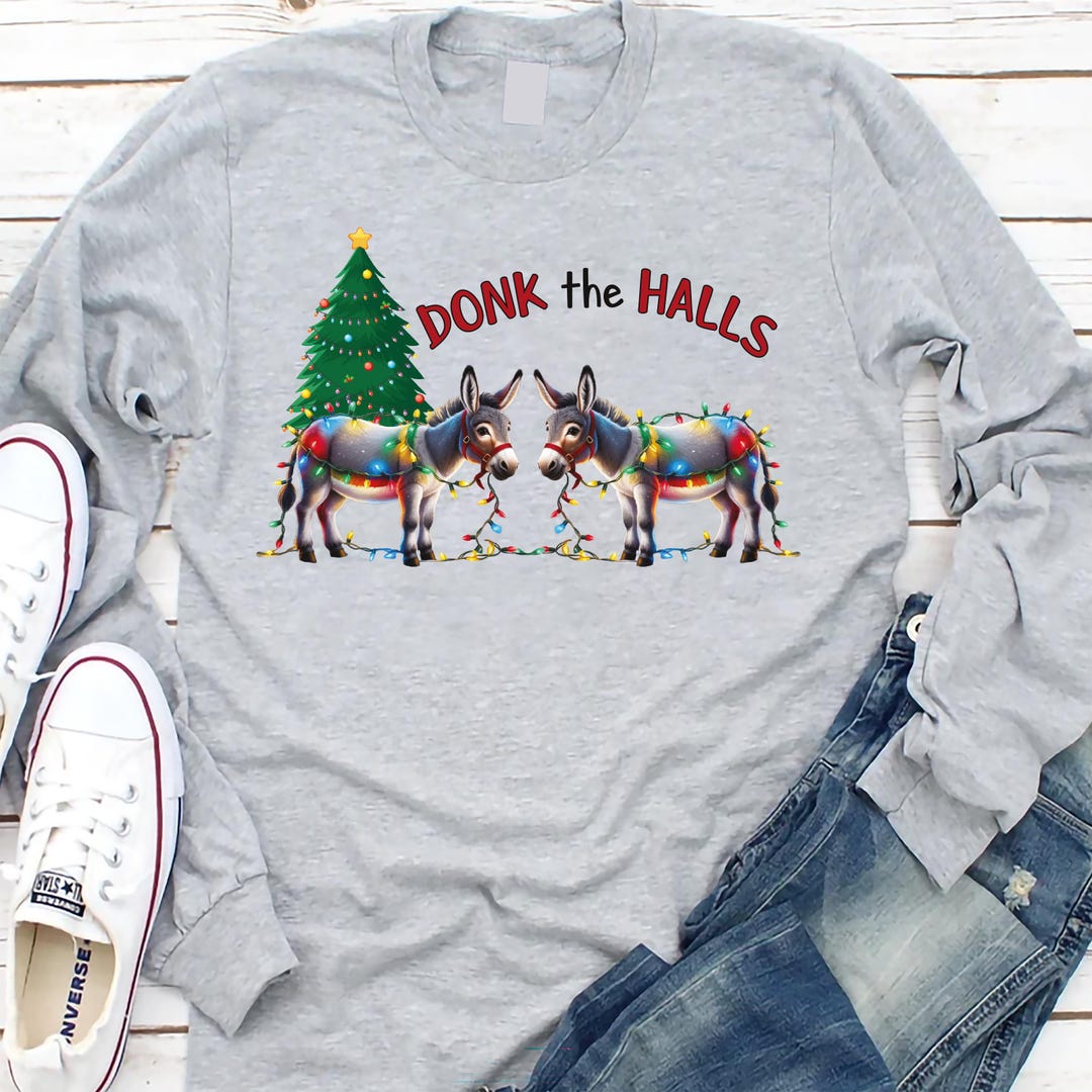 Donkeys Tangled in Christmas Lights Long Sleeve Shirt, Funny Christmas ...