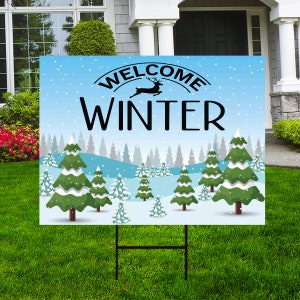 Welcome Winter Yard Sign, Merry Christmas Snowflakes Winter Pines Tree ...