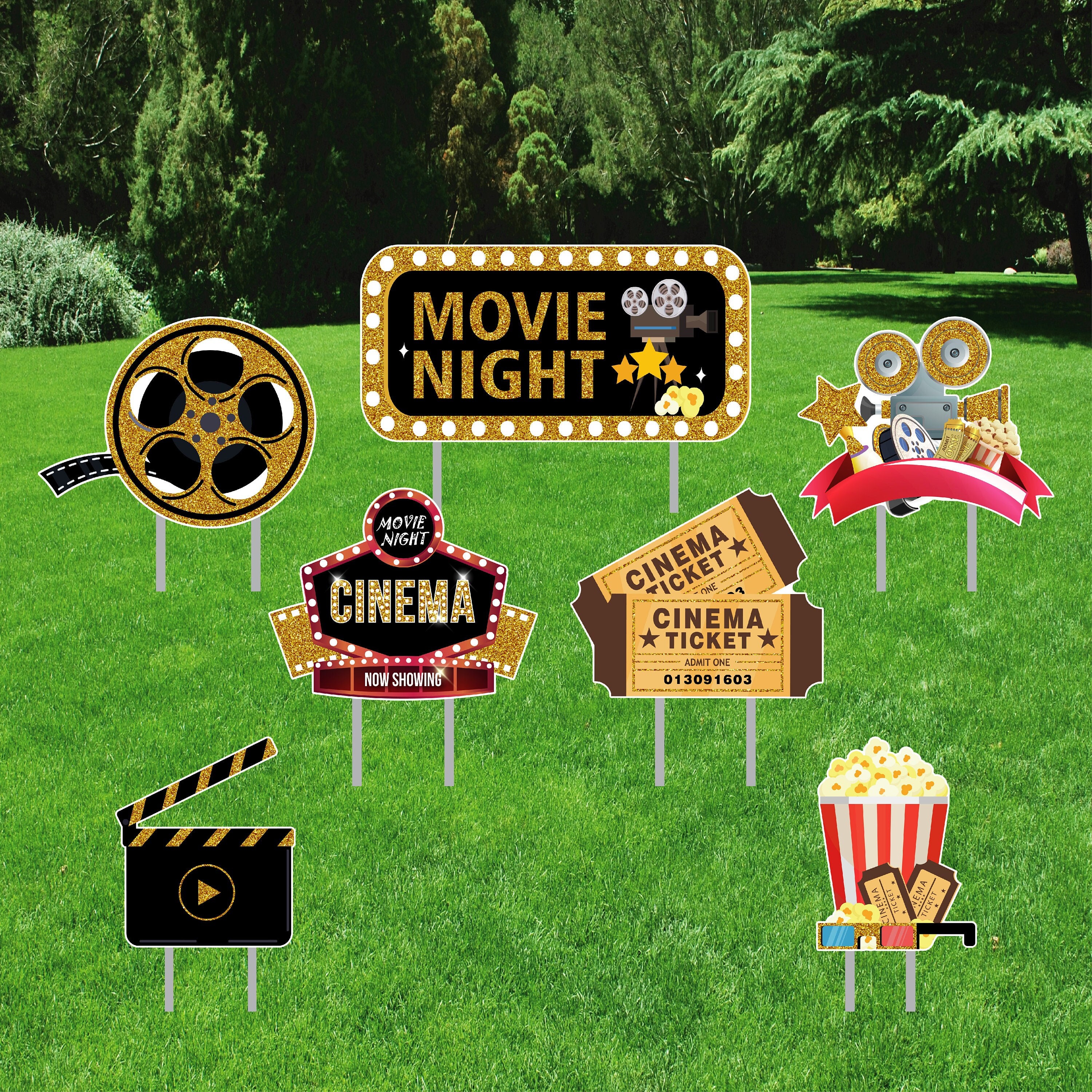 Movie Night Party Yard Sign Decorations, Movie Tickets Film Reel ...