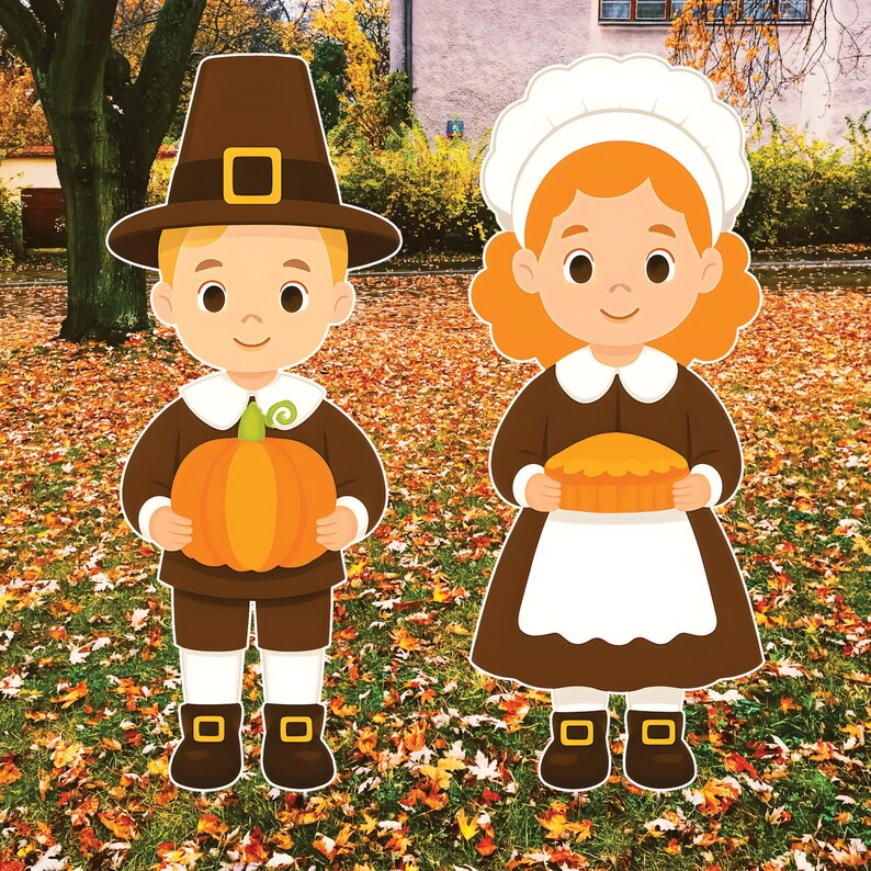 Thanksgiving Pilgrim Yard Signs With Metal Stakes, Harvest Boy and Girl ...