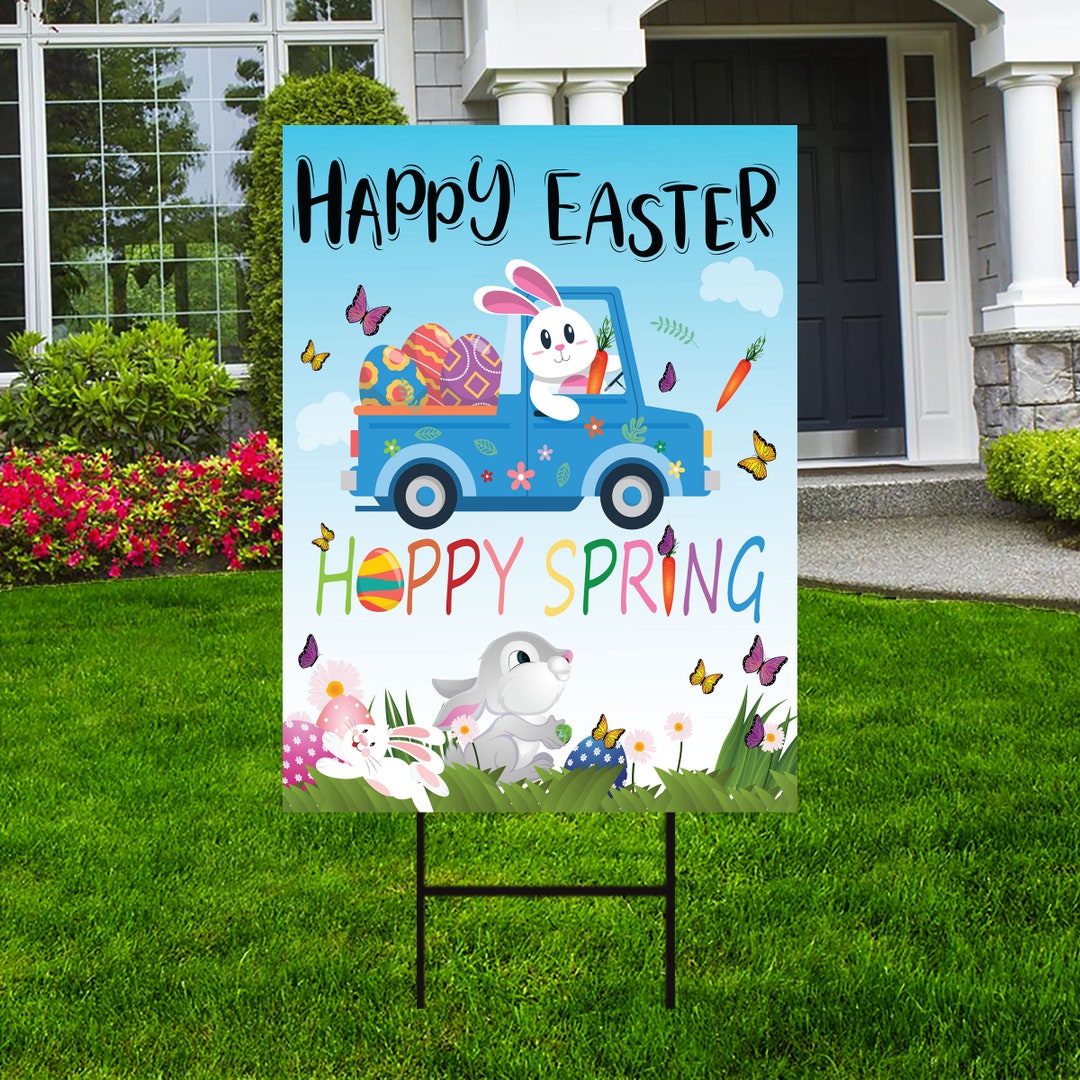 Happy Easter Yard Sign, Coroplast Hello Spring Easter Yard Décor ...