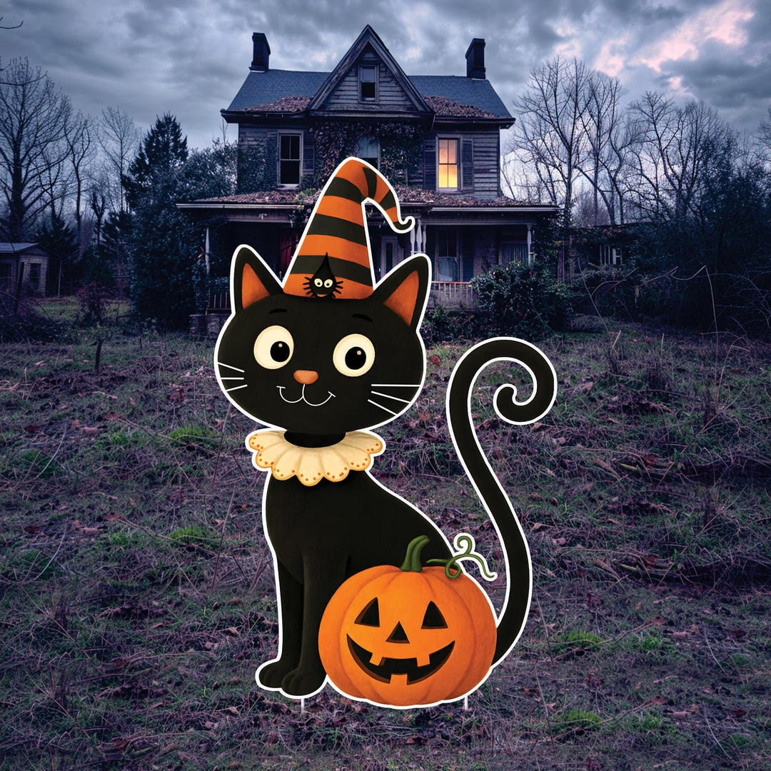 Cute Halloween Cat Yard Sign With Pumpkin, Outdoor Black Cat Lawn ...