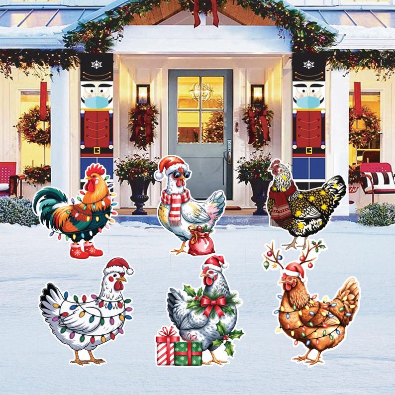 Christmas Chicken Yard Signs With Metal Stakes, Farmhouse Holiday Lawn ...