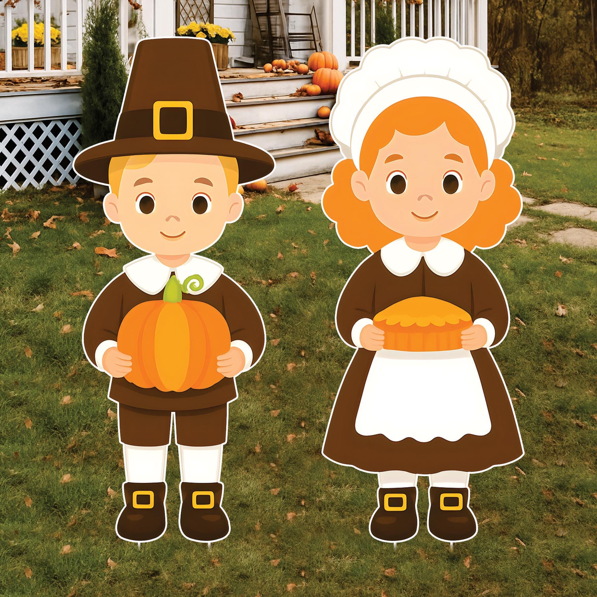 Thanksgiving Pilgrim Yard Signs With Metal Stakes, Harvest Boy and Girl ...