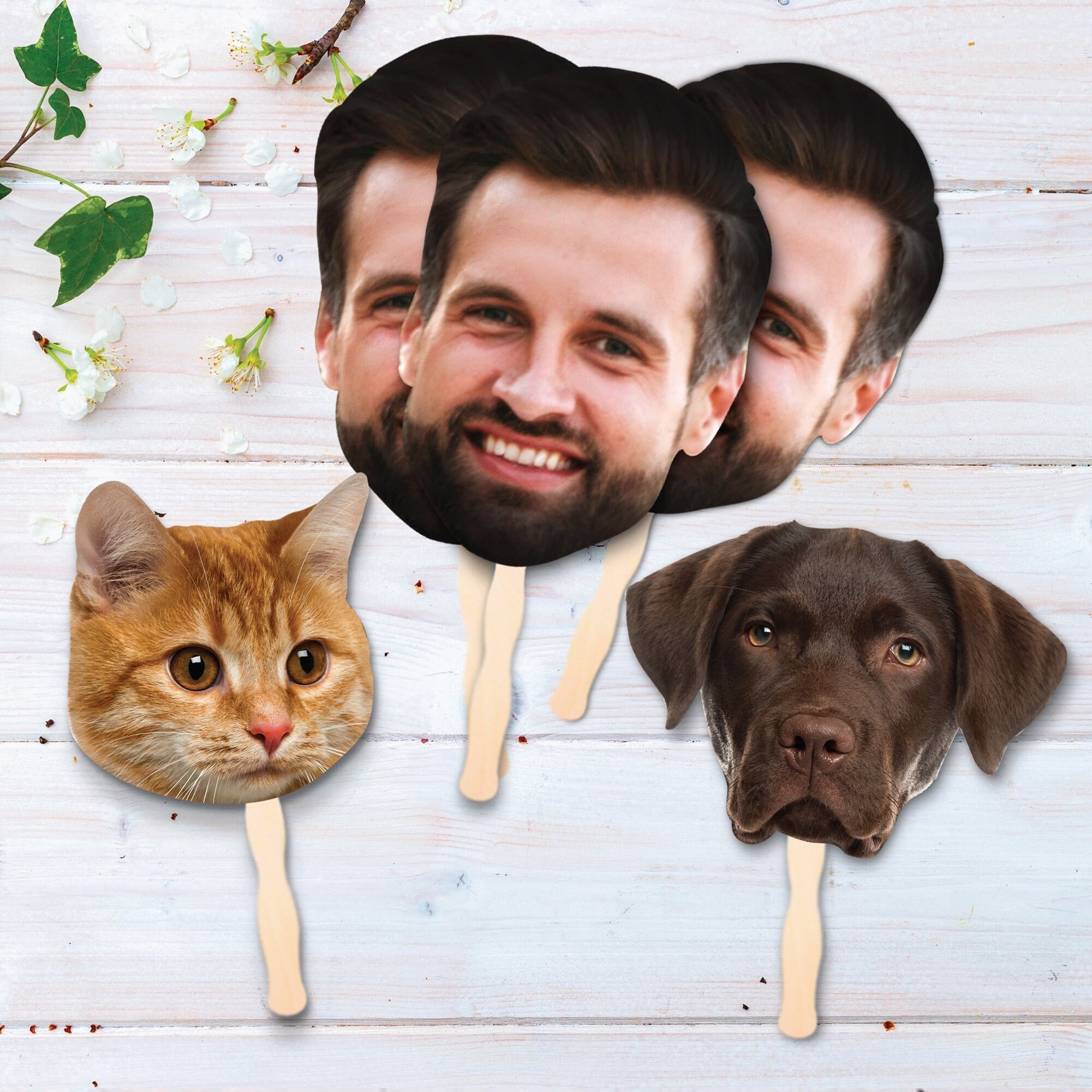 Custom Face Fans With Wooden Handle Wedding Heads Graduation - Etsy