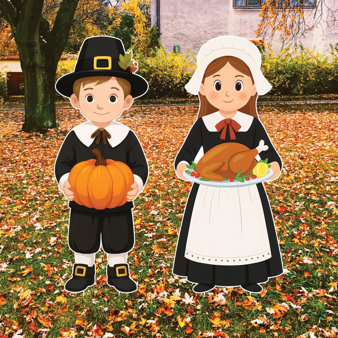 Thanksgiving Pilgrim Yard Signs, Boy and Girl With Pumpkin and Turkey ...