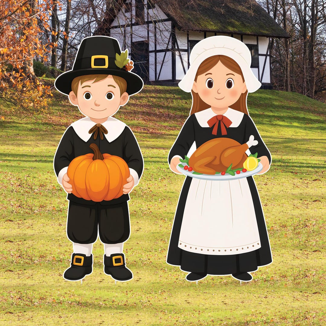 Thanksgiving Pilgrim Yard Signs, Boy and Girl With Pumpkin and Turkey ...