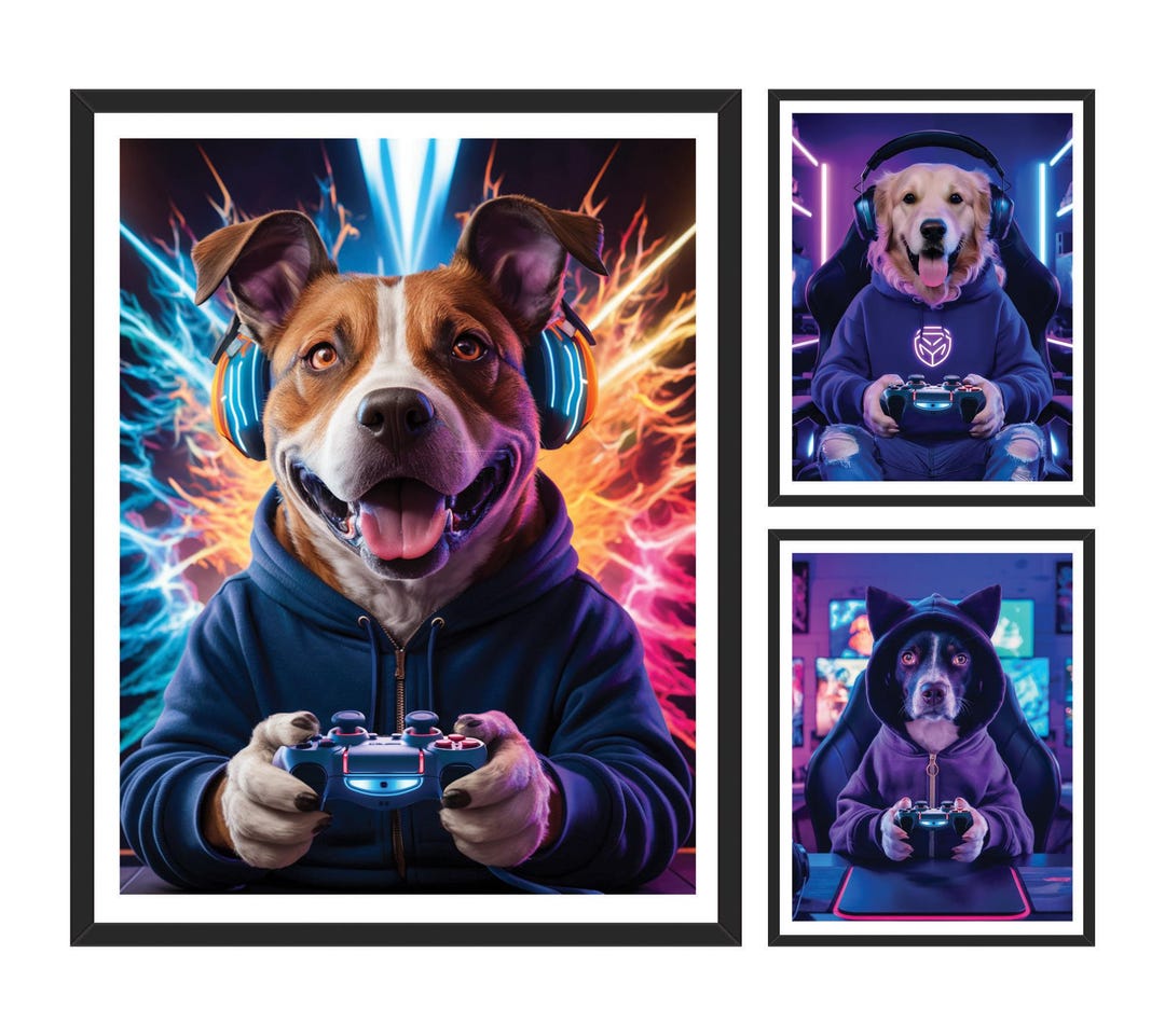 Custom Gamer Pet Portrait, Personalized Dog or Cat Painting, Gaming ...