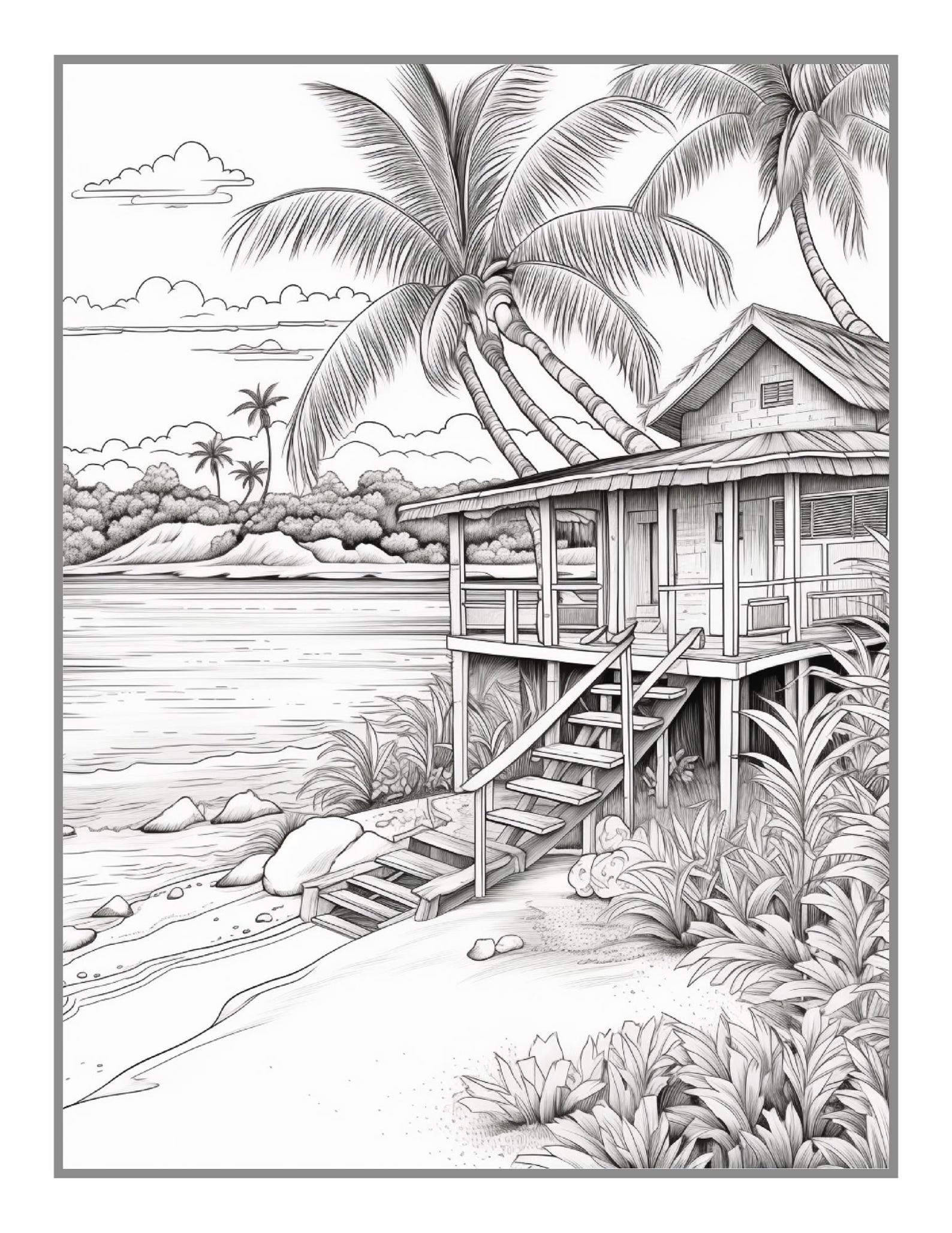 50 Pages Tropical Beach Homes Coloring Book Birthday Holiday Gift for ...