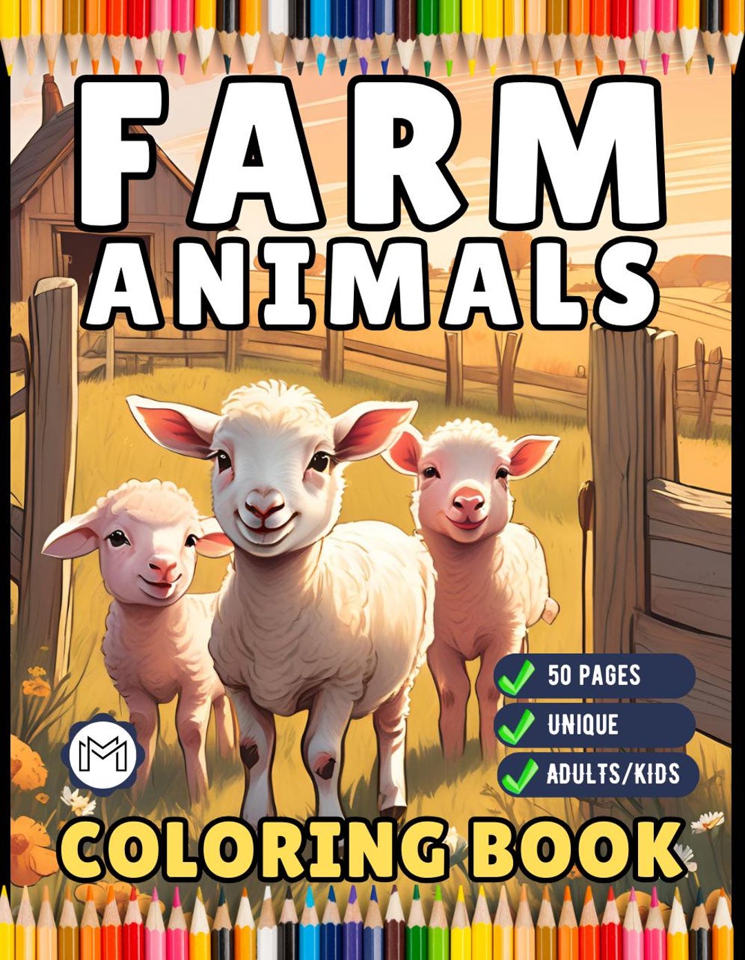 50 Pages Cute Farm Animals Coloring Book Gift for Adults Kids Men Women ...