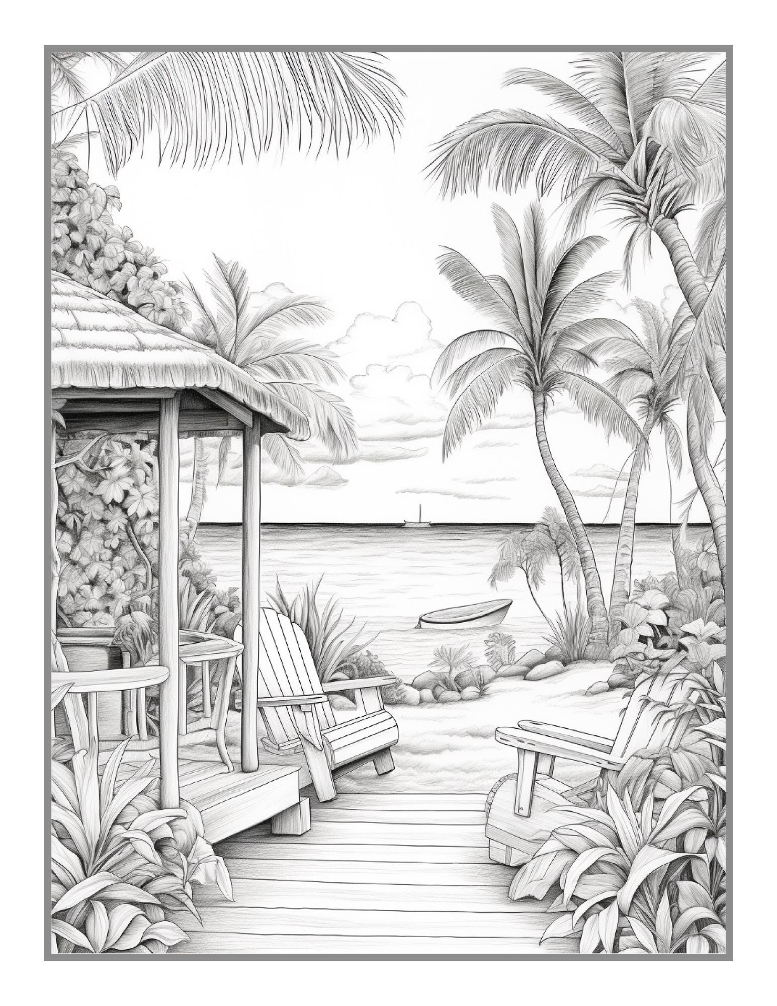 50 Pages Tropical Beach Homes Coloring Book Birthday Holiday Gift for ...