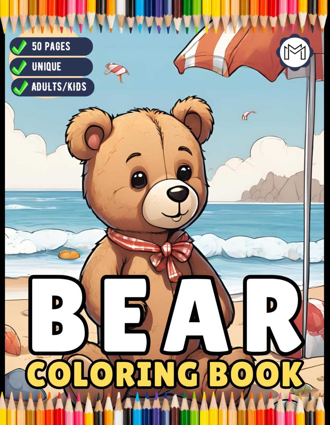 50 Pages Cute Teddy Bear Coloring Book Gift for Adults Kids Men Women ...