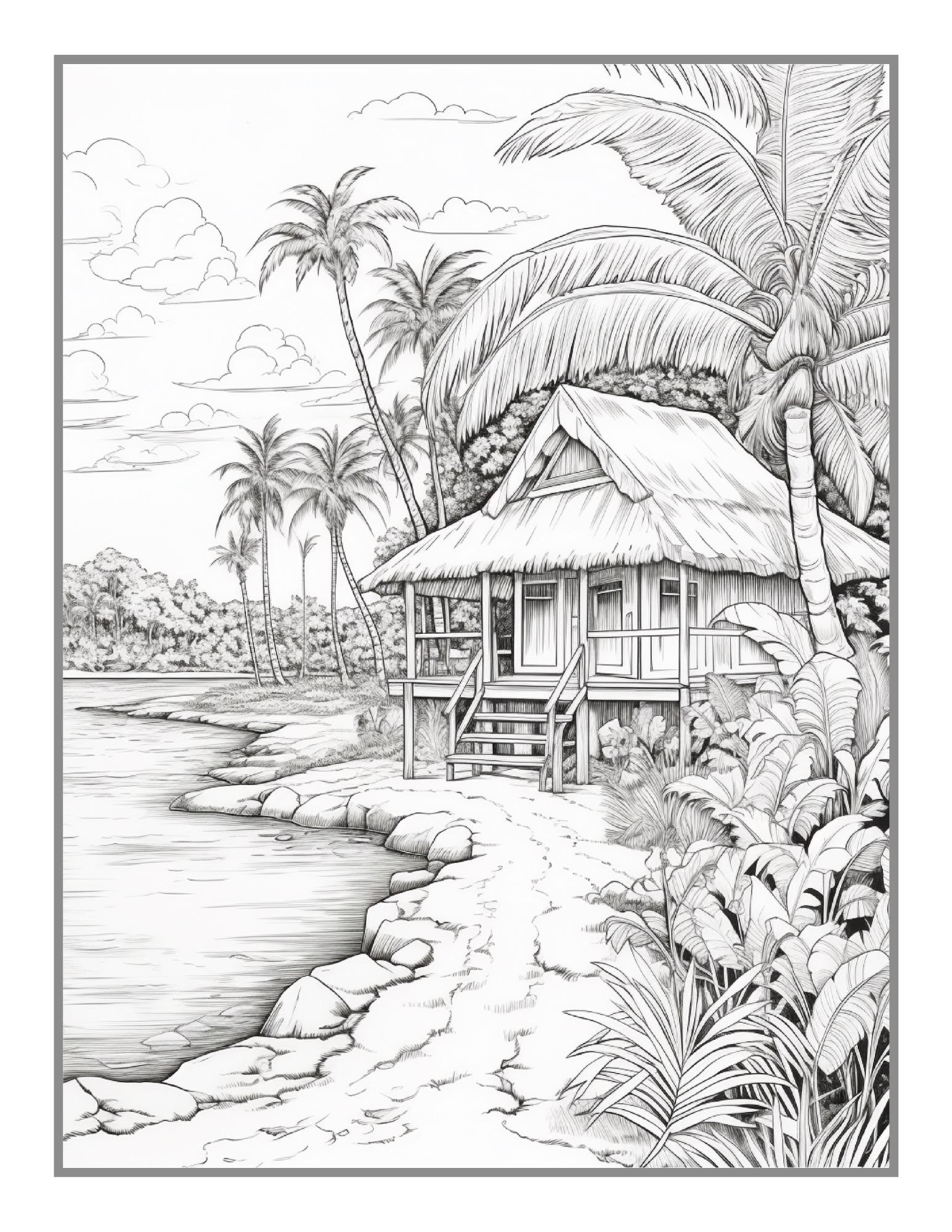 50 Pages Tropical Beach Homes Coloring Book Birthday Holiday Gift for ...