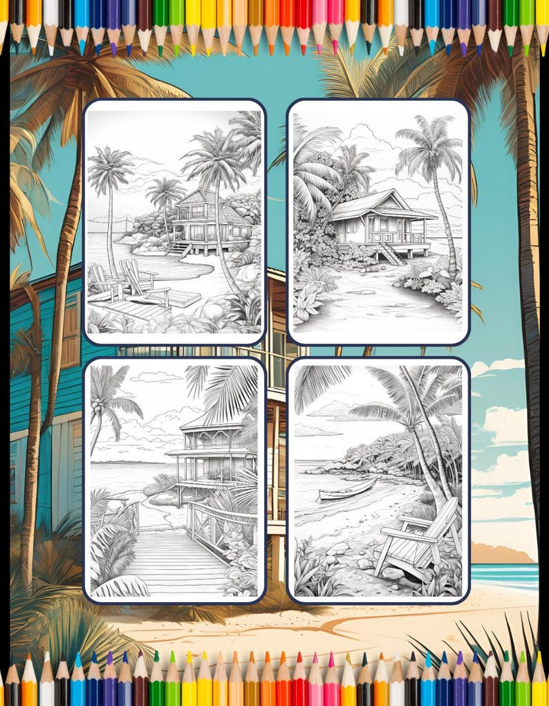 Tropical Beach Homes Coloring Book Birthday Holiday Gift for Adults Men ...