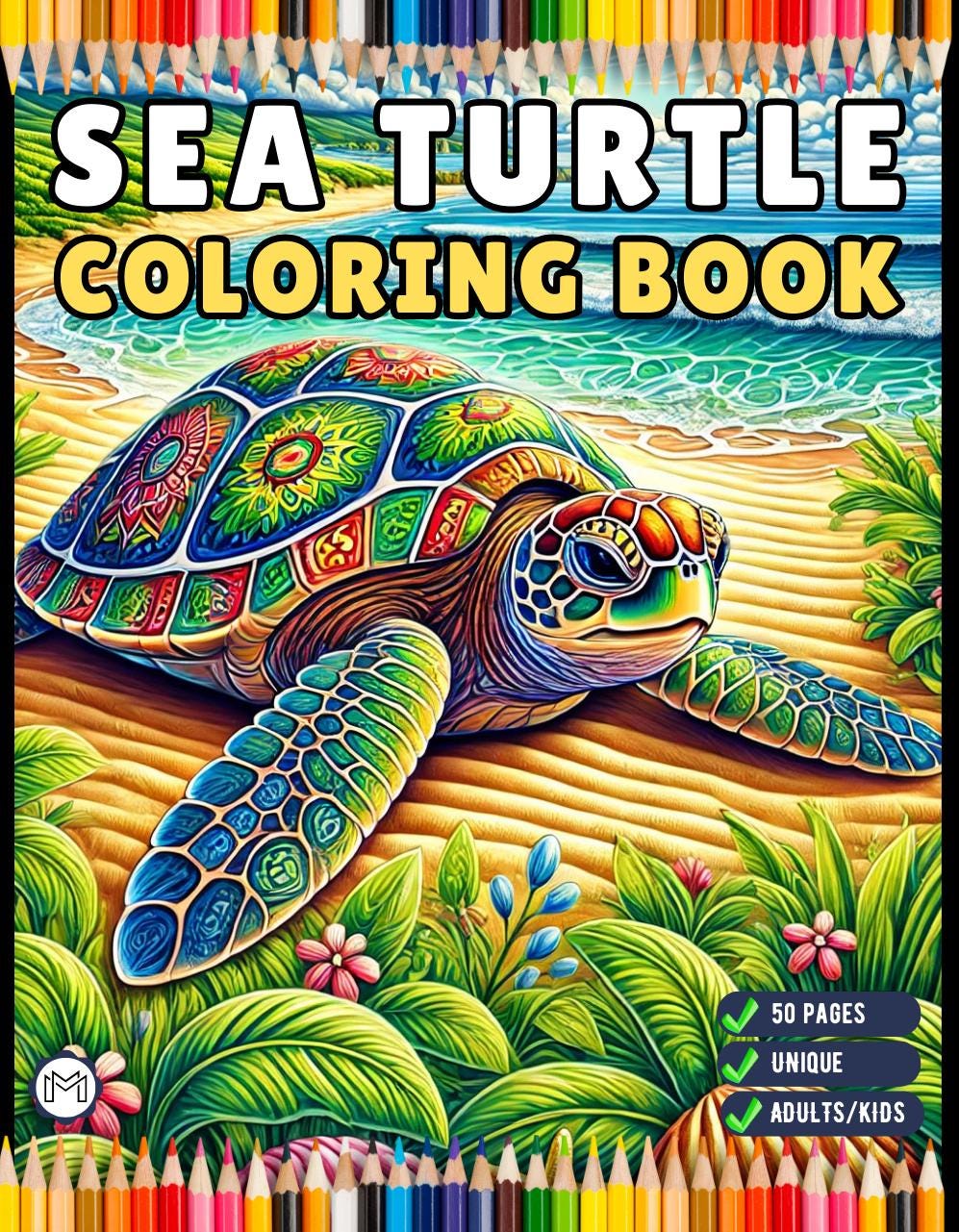 50 Pages Cute Sea Turtle Coloring Book Gift for Adults Kids Men Women ...