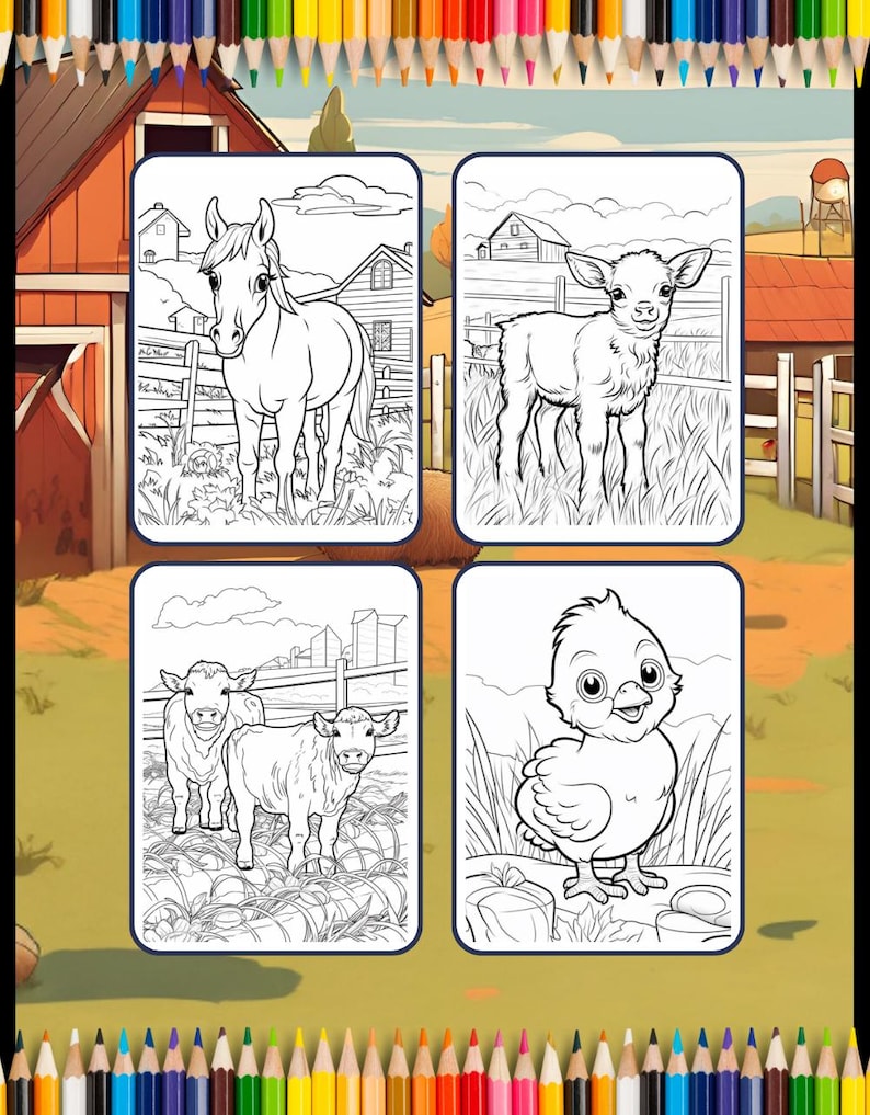 50 Pages Cute Farm Animals Coloring Book Gift for Adults Kids Men Women ...