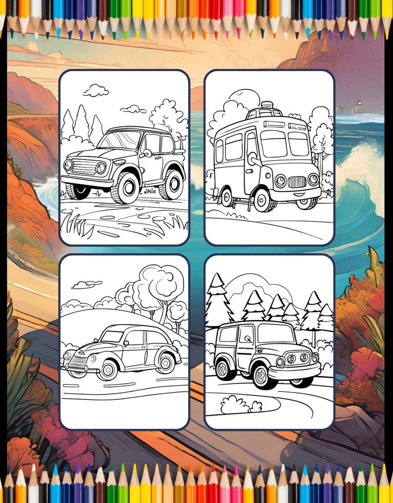 50 Pages Cute Vehicles Cars Coloring Book Gift for Adults Kids Men ...