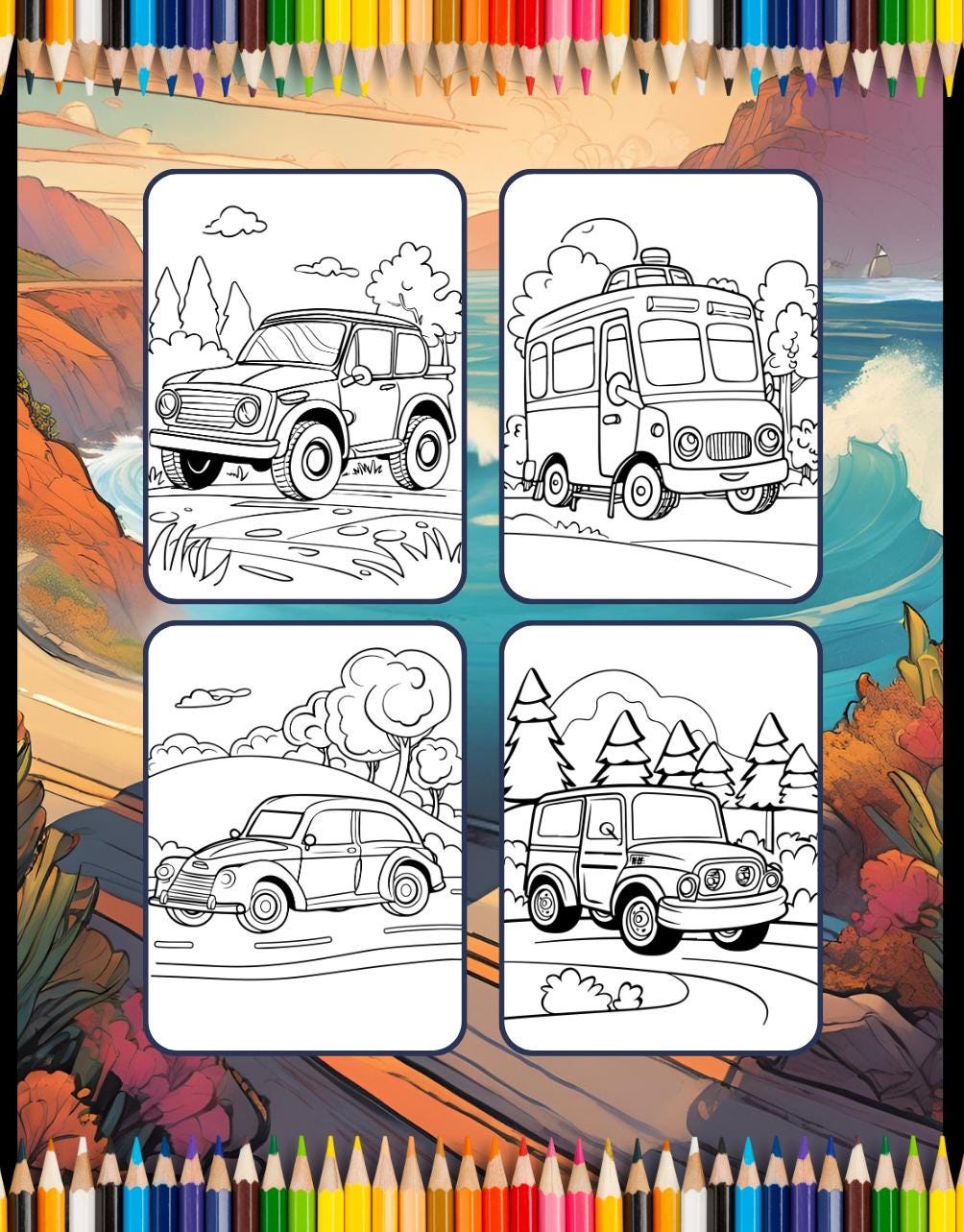 50 Pages Cute Vehicles Cars Coloring Book Gift for Adults Kids Men ...