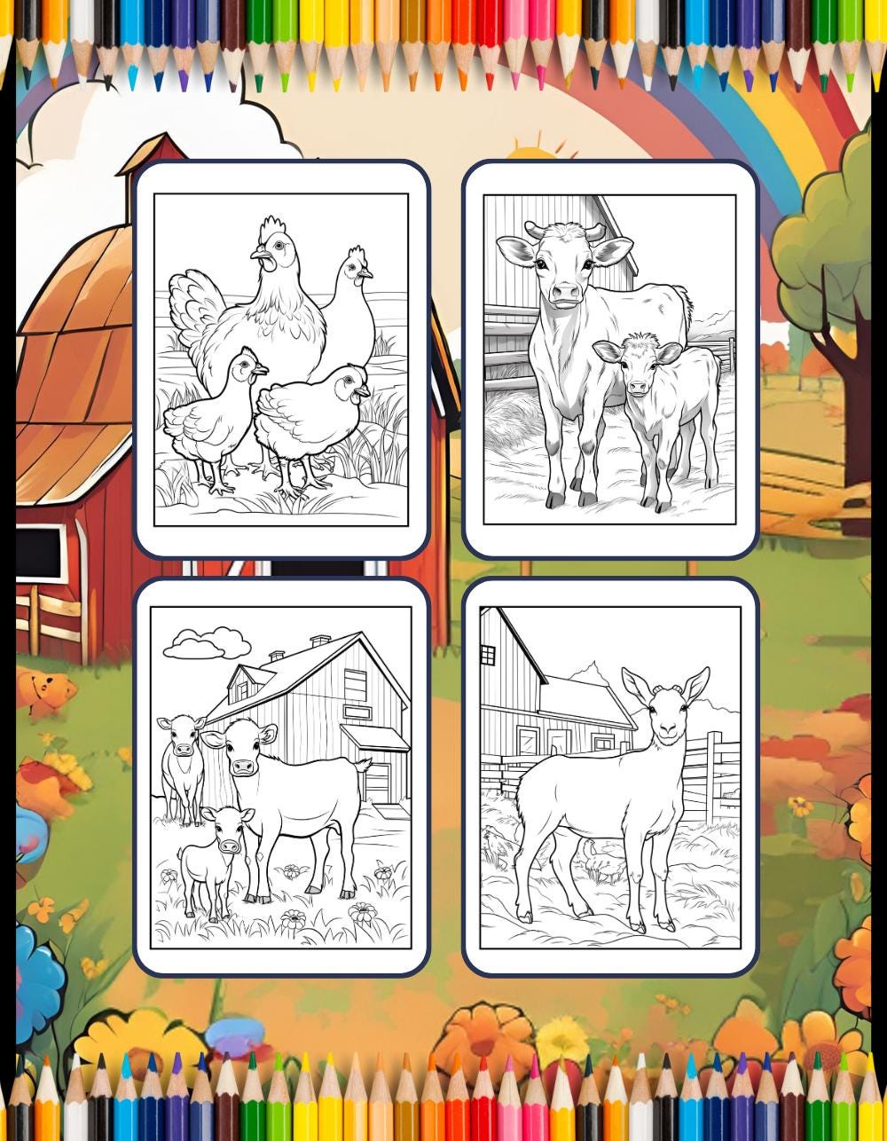 50 Pages Cute Farm Animals Coloring Book Gift for Adults Kids Men Women ...