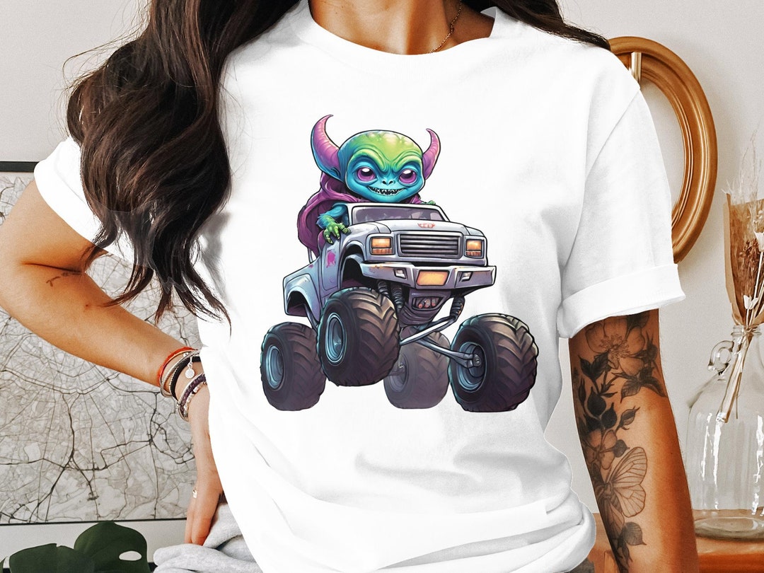 Cute Alien Driving Monster Truck UFO Gift for Men Women Kids T-shirt ...