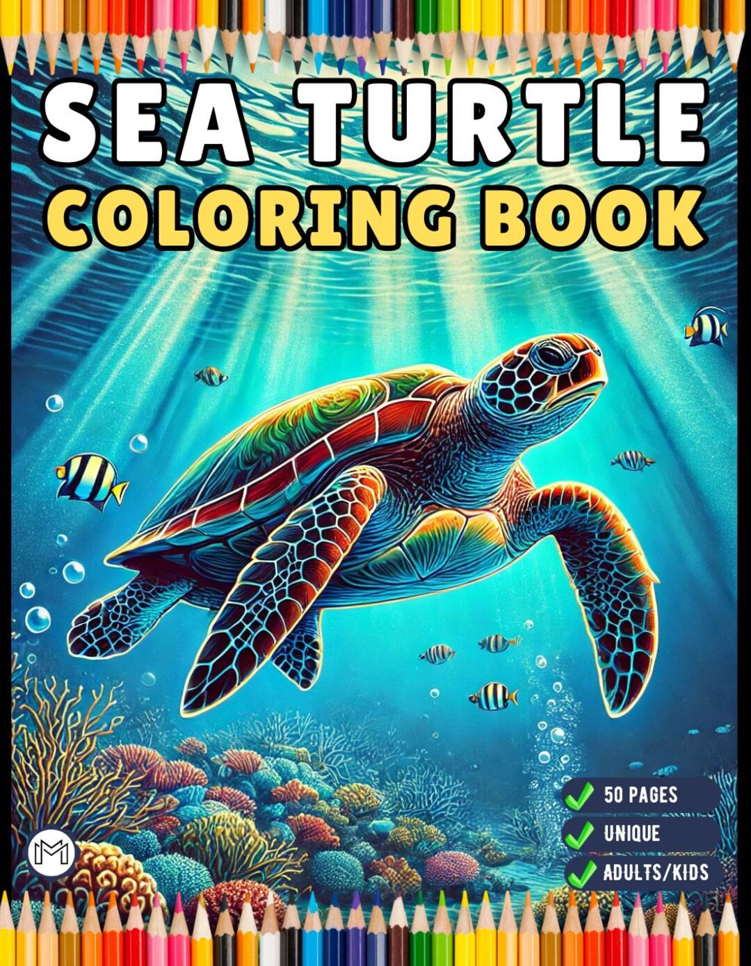 50 Pages Cute Sea Turtle Coloring Book Gift for Adults Kids Men Women ...