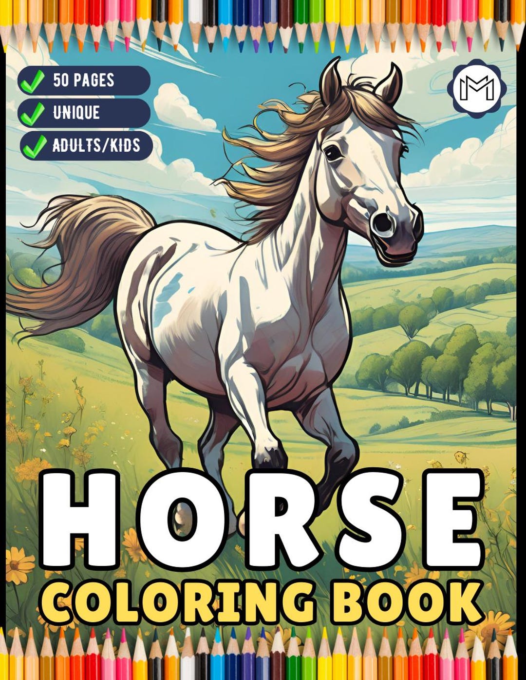 50 Pages Horse Coloring Book Gift for Adults Kids Men Women Kids Boys ...