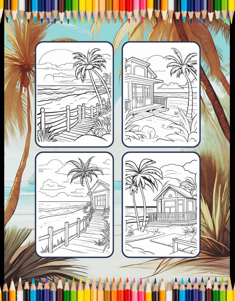 50 Pages Tropical Beach Homes Coloring Book Birthday Holiday Gift ...