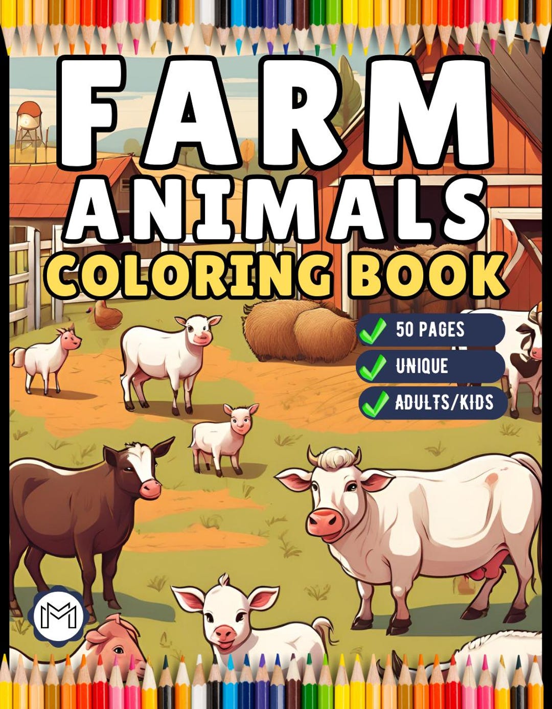 50 Pages Cute Farm Animals Coloring Book Gift for Adults Kids Men Women ...