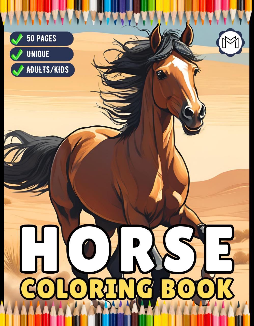 50 Pages Horse Coloring Book Gift for Adults Kids Men Women Kids Boys ...
