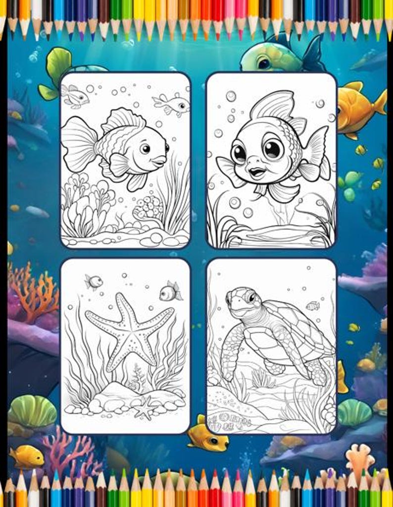 50 Pages Ocean Animals Cute Deep Sea Creatures Fish Coloring Book Gift ...