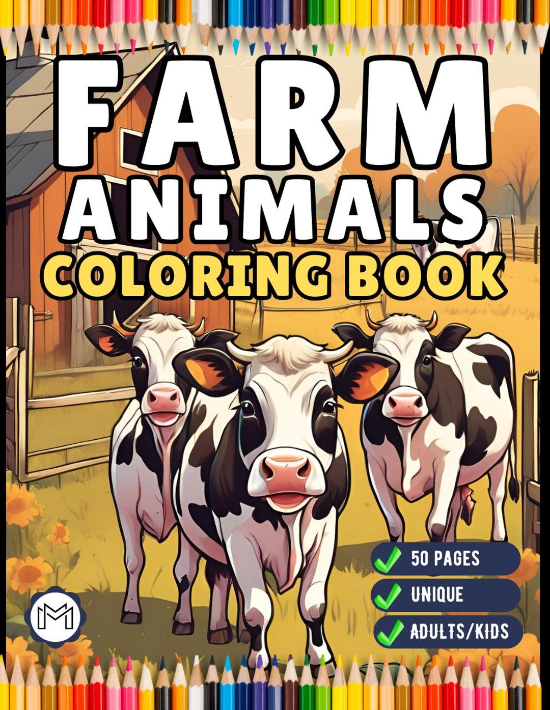 50 Pages Cute Farm Animals Coloring Book Gift for Adults Kids Men Women ...