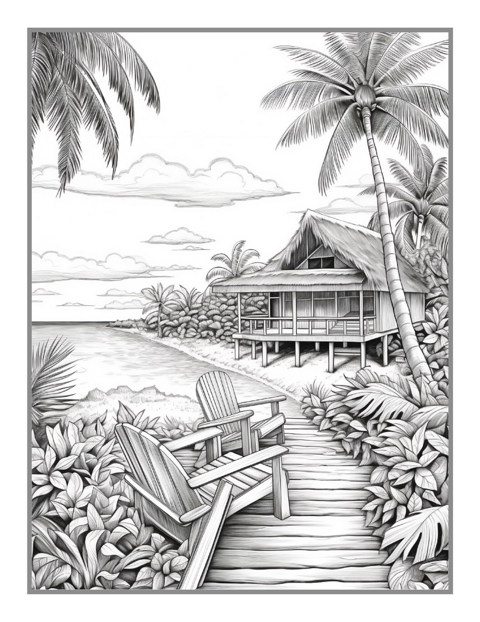 Tropical Beach Homes Coloring Book Birthday Holiday Gift for Adults Men ...