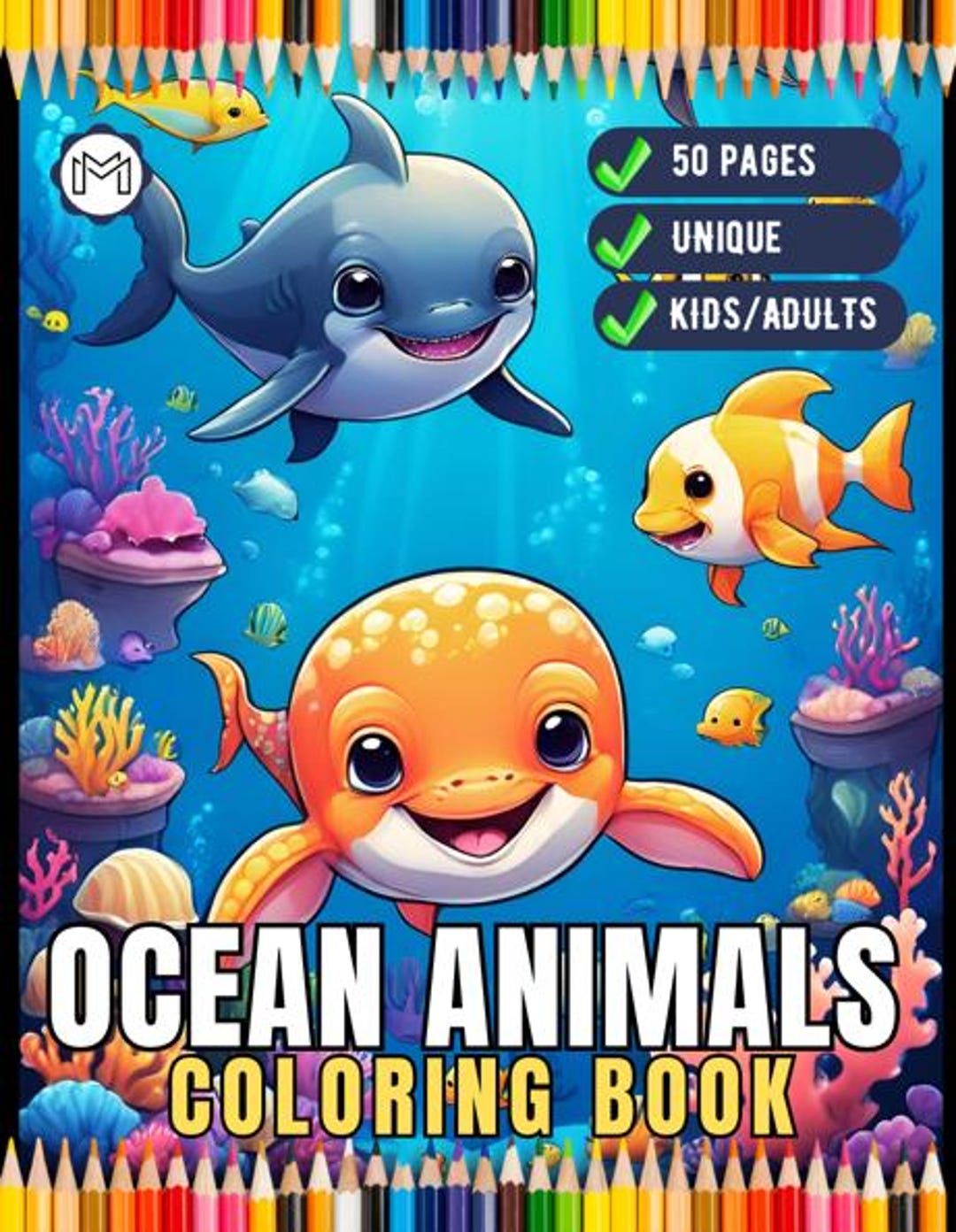 50 Pages Ocean Animals Cute Deep Sea Creatures Fish Coloring Book Gift ...