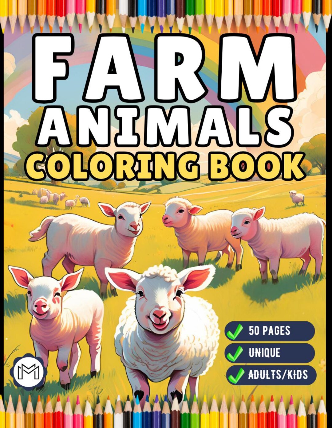 50 Pages Cute Farm Animals Coloring Book Gift for Adults Kids Men Women ...