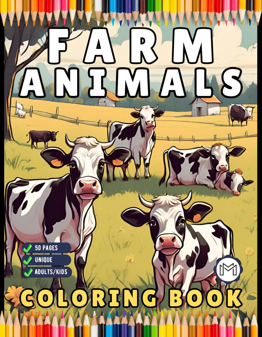 50 Pages Cute Farm Animals Coloring Book Gift for Adults Kids Men Women ...