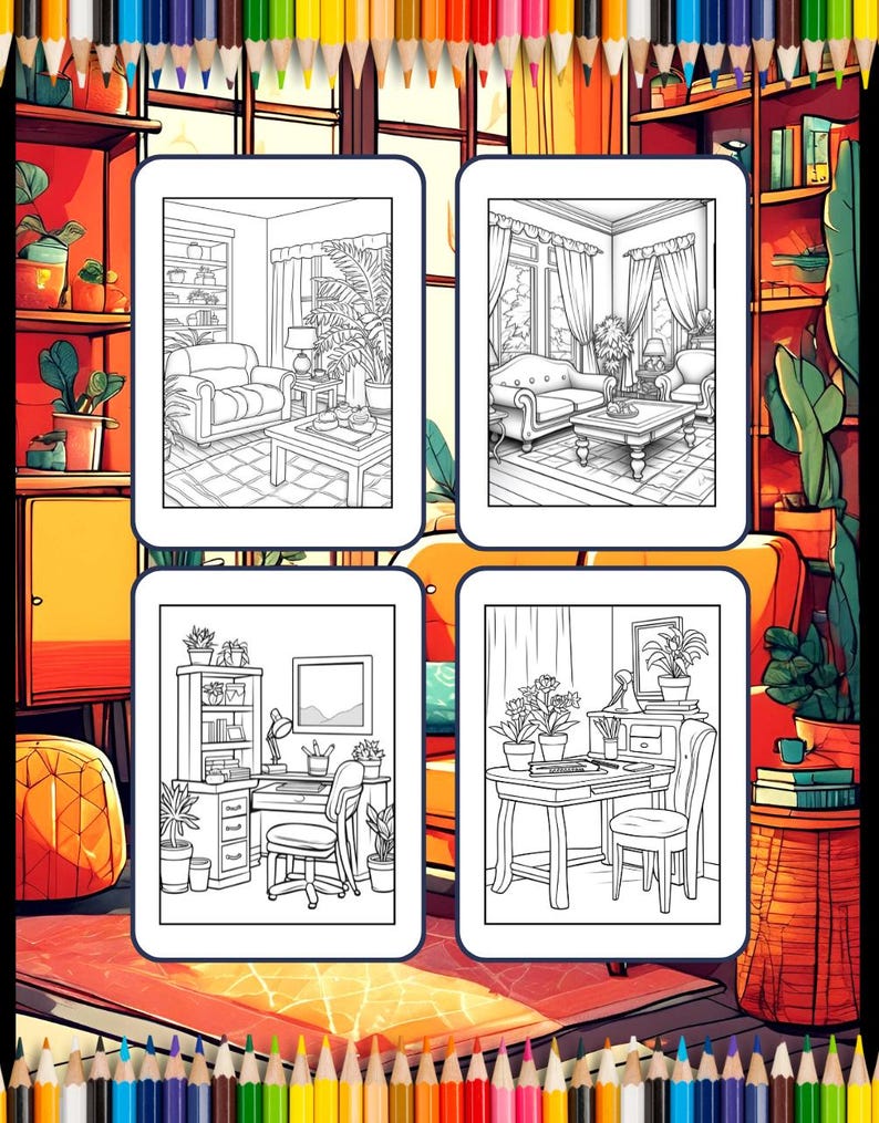 50 Pages Interior Design Cute Cozy Room Coloring Book Birthday Gift for ...