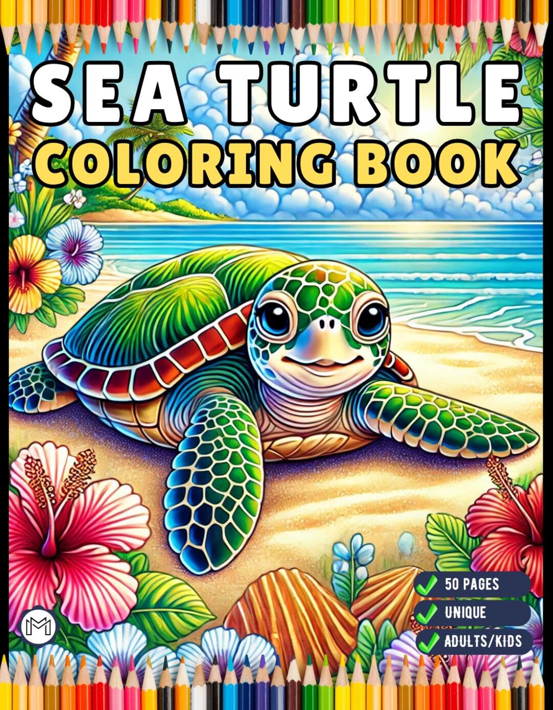 50 Pages Cute Sea Turtle Coloring Book Gift for Adults Kids Men Women ...